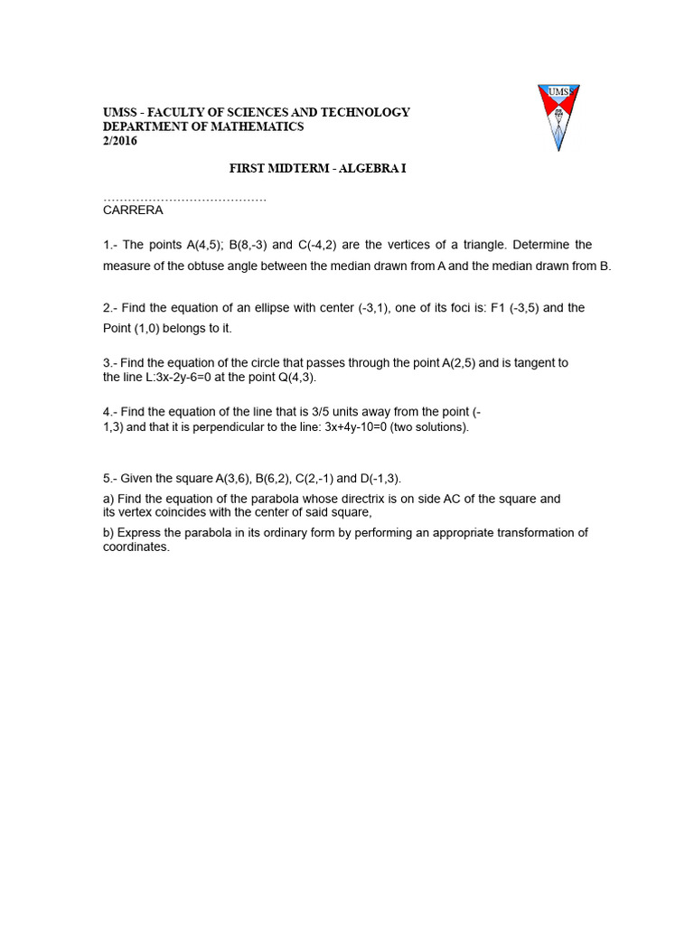 Algebra I Midterm Exam Problems | PDF | Ellipse | Function (Mathematics)