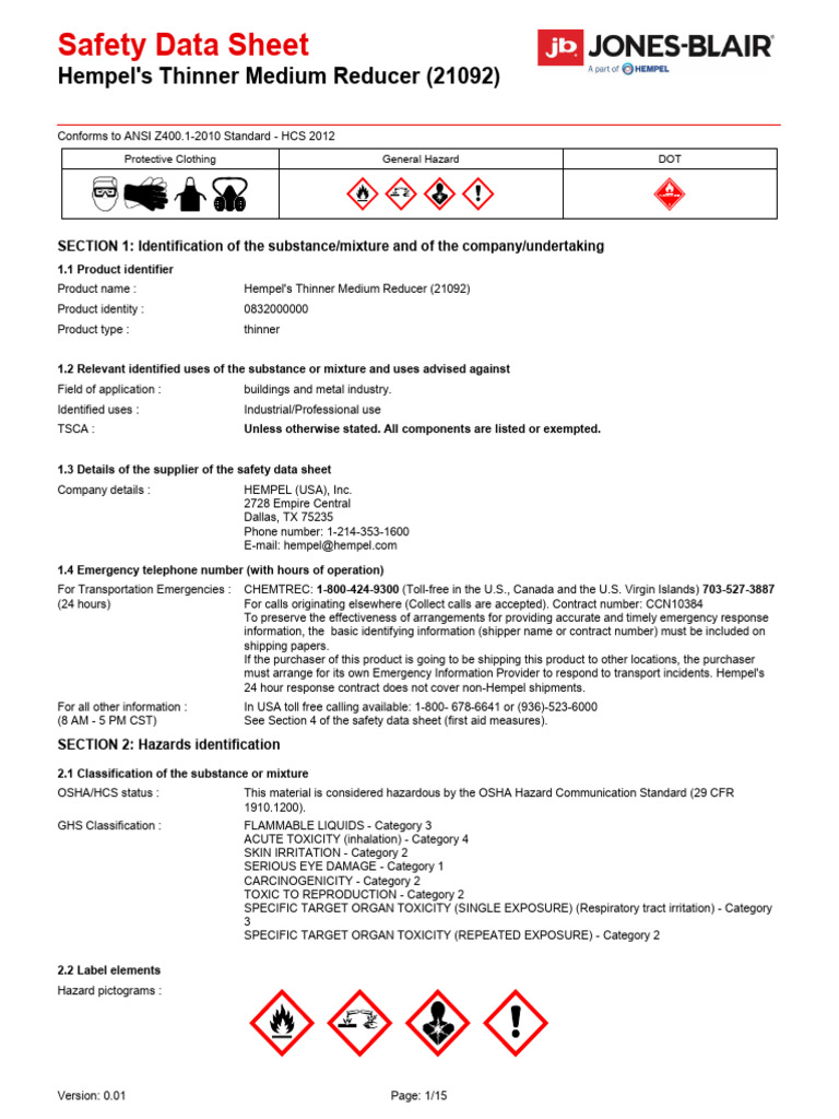 Hempel's Thinner Medium Reducer SDS | PDF | Toxicity | Safety