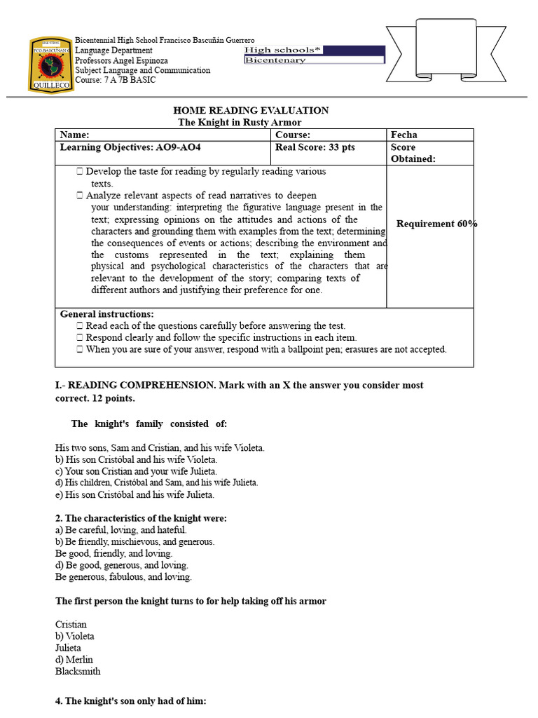 EVALUATION BOOK 7th The Knight in Rusty Armor | PDF | Reading Comprehension