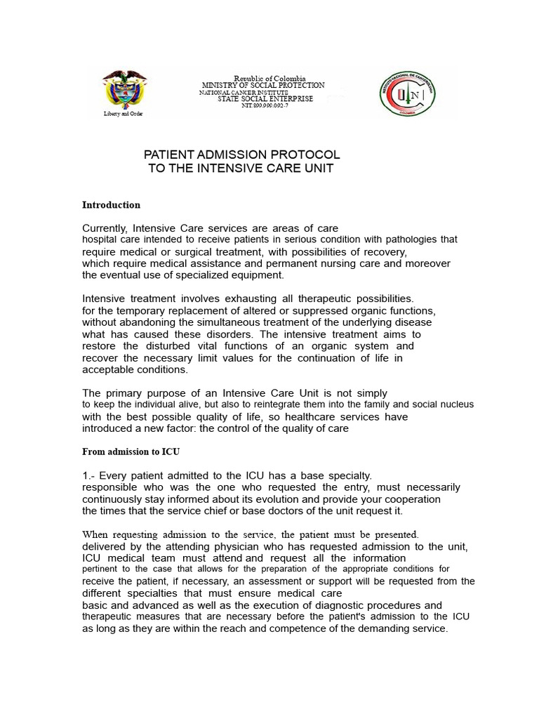 ICU Admission Protocol | PDF | Intensive Care Unit | Intensive Care ...