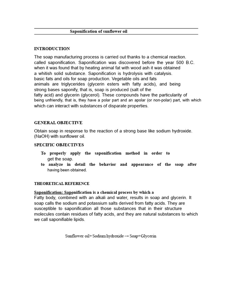 Saponification Process of Sunflower Oil | PDF | Soap | Sodium Hydroxide