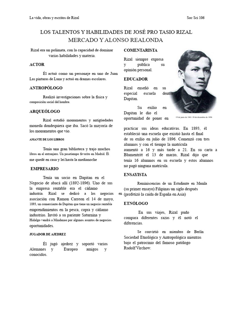 Los Talentos y Habilidades de José Protasio Rizal Mercado y Alonso ...