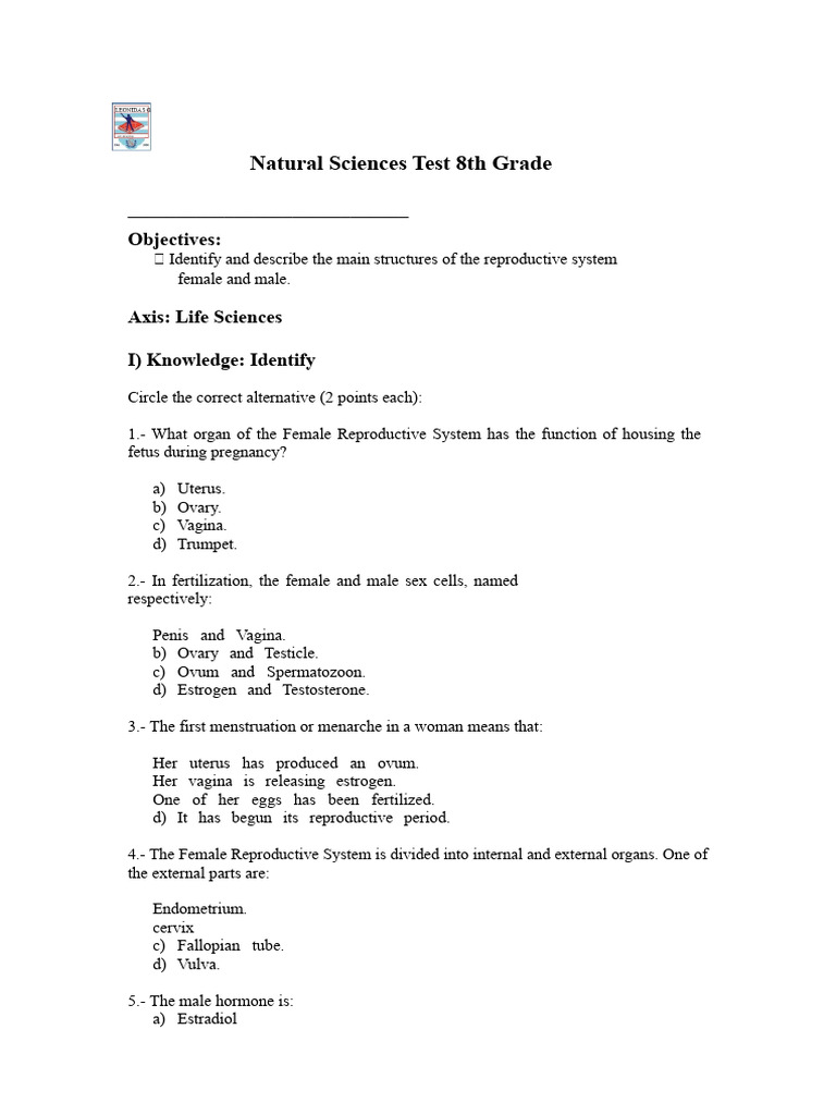 Natural Sciences Test 6 Reproductive System | PDF | Reproductive System ...