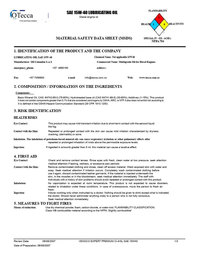 SAE 15W-40 Diesel Engine Oil MSDS | PDF | Personal Protective Equipment ...