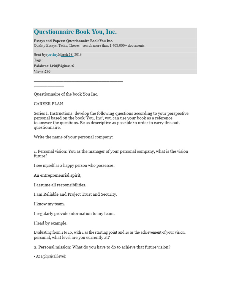 Questionnaire Book You S | PDF | Employment | Brand