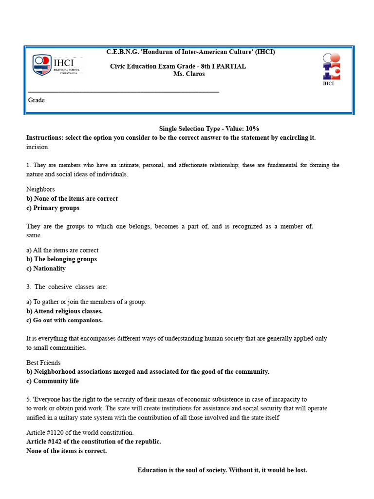 Civics Exam 8th Grade Ms. Claros | PDF | Goal | Psychology