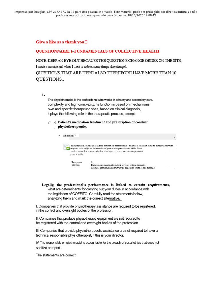 Evolution and History of Physical Therapy QUESTIONNAIRE I UNIP EHF ...