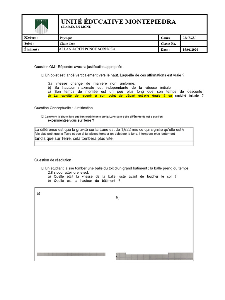 Exercices de Chute Libre | PDF | Vitesse | Gravité