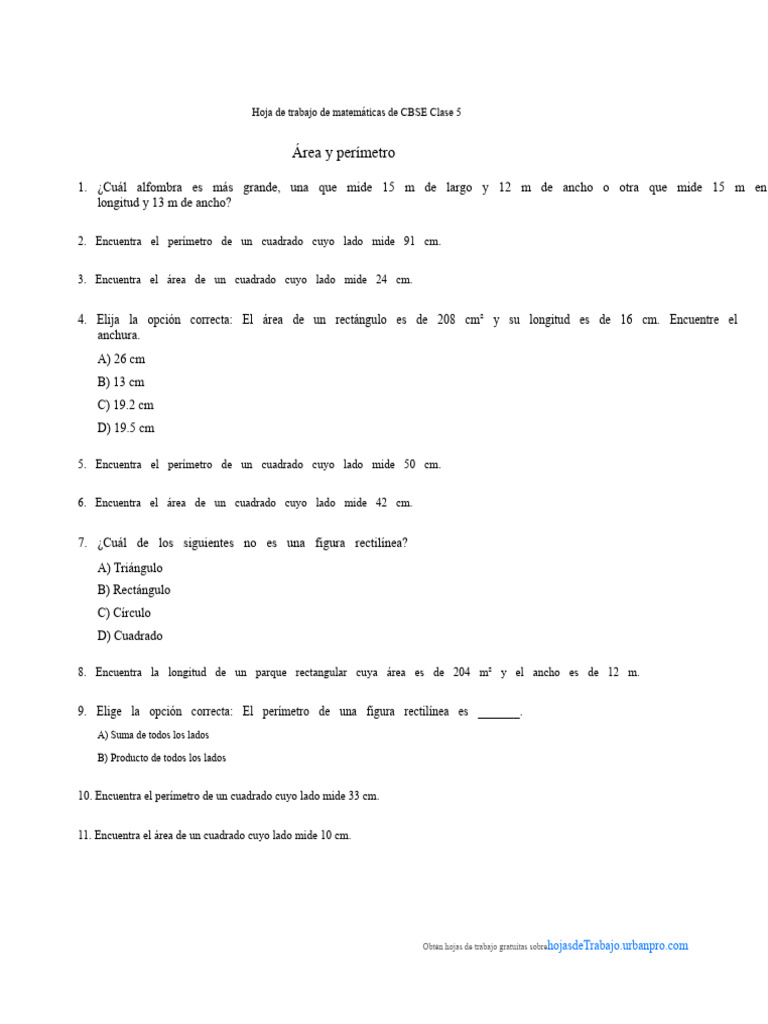 Hoja de Trabajo de Área y Perímetro | PDF | Longitud | Geometría euclidiana
