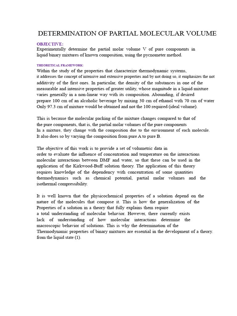 Determination of Partial Molar Volume. Report | PDF | Viscosity | Gases