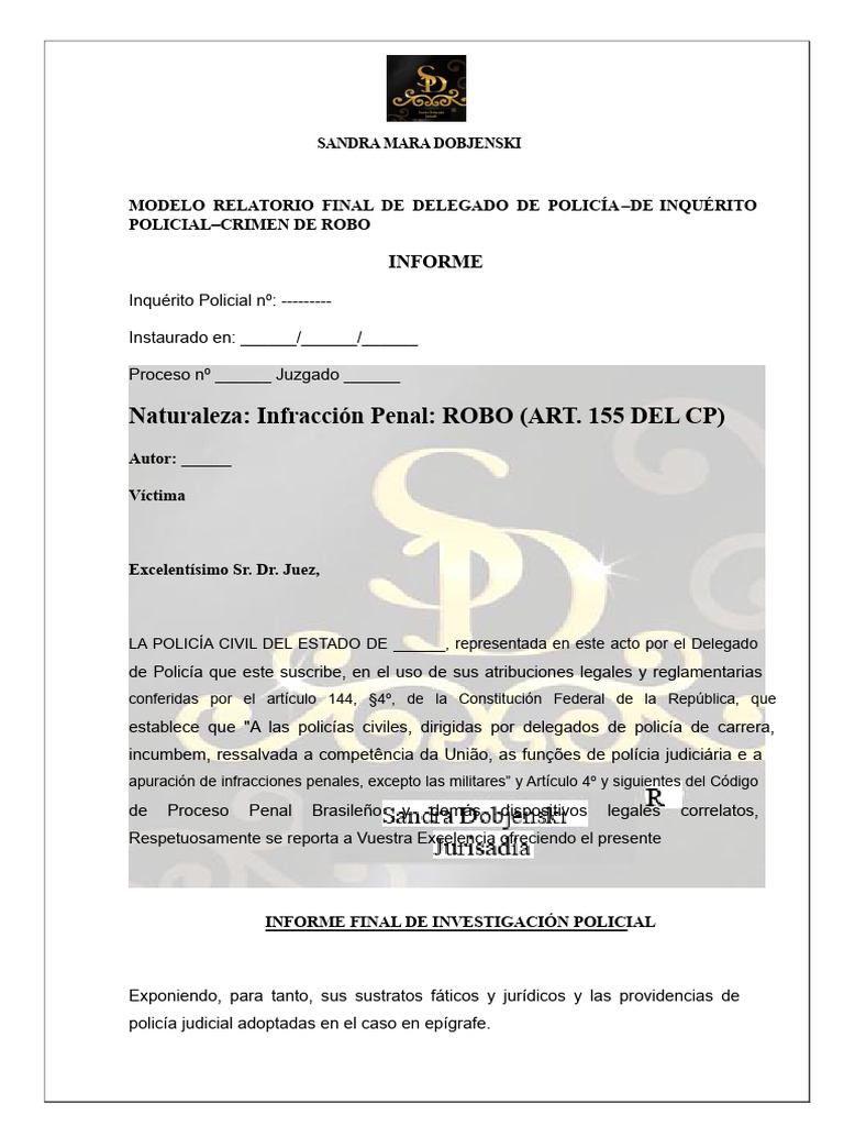 Modelo de Informe Final de Delito de Robo | PDF | Derecho penal | Policía