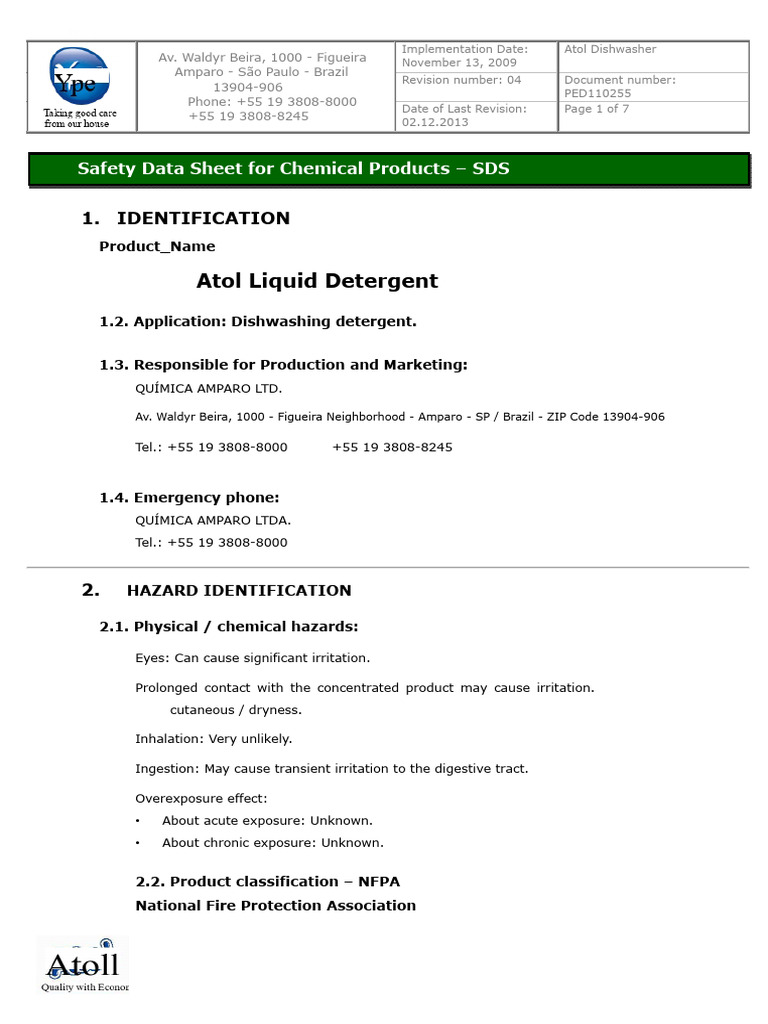 Atol Liquid Detergent Safety Data Sheet | PDF | Waste Management | Waste