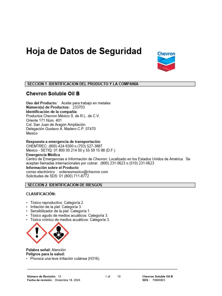 Hoja de Seguridad Chevron Soluble Oil B | PDF