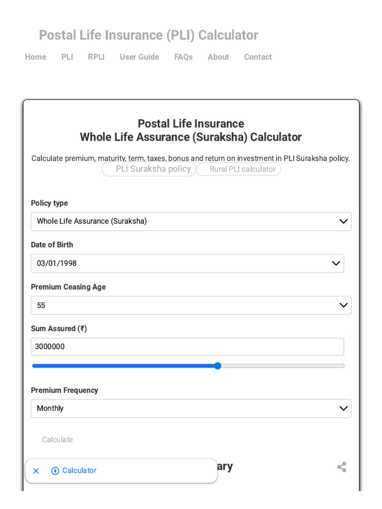PLI Calculator - Whole Life Assurance (Suraksha) - PLI Whole Life ...