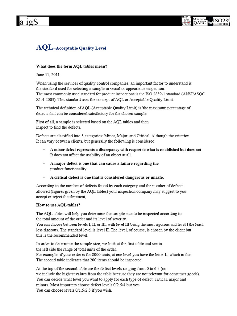 Acceptable Quality Level: What Does The Term AQL Tables Mean? | PDF