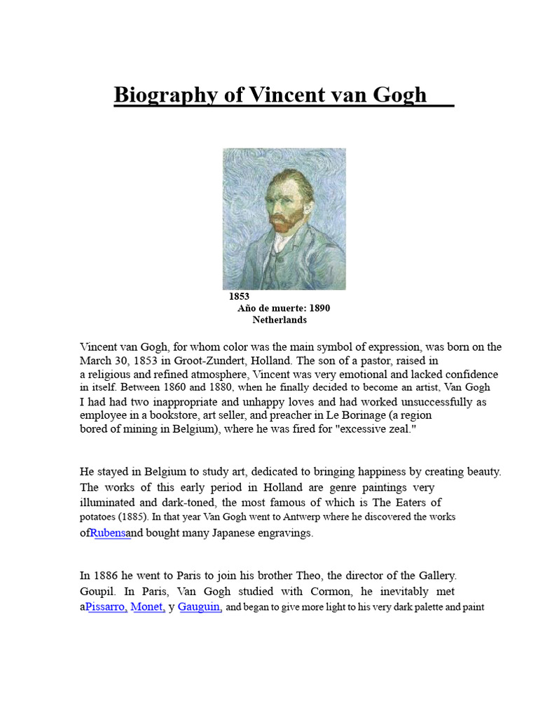 Biography of Vincent Van Gogh | PDF | Vincent Van Gogh | Plastic Arts