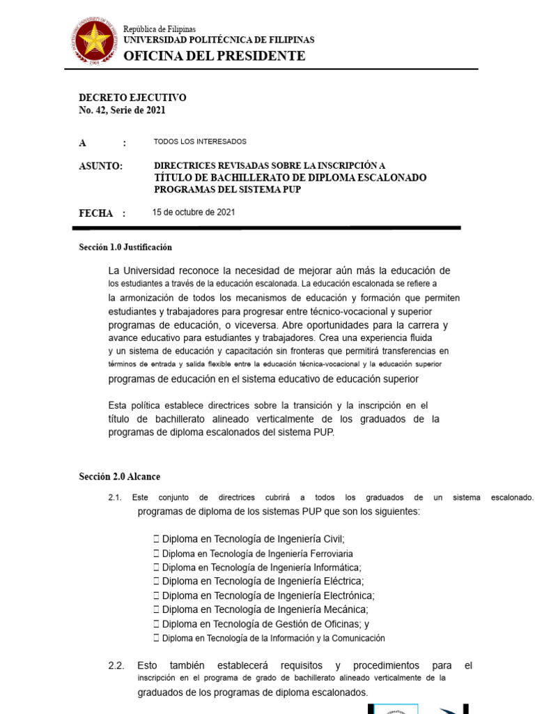 Orden Ejecutiva N.º 42 Guías Revisadas Sobre La Matrícula en Carreras ...