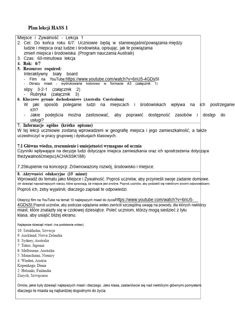 Plan Lekcji Zadania 2 HASS | PDF