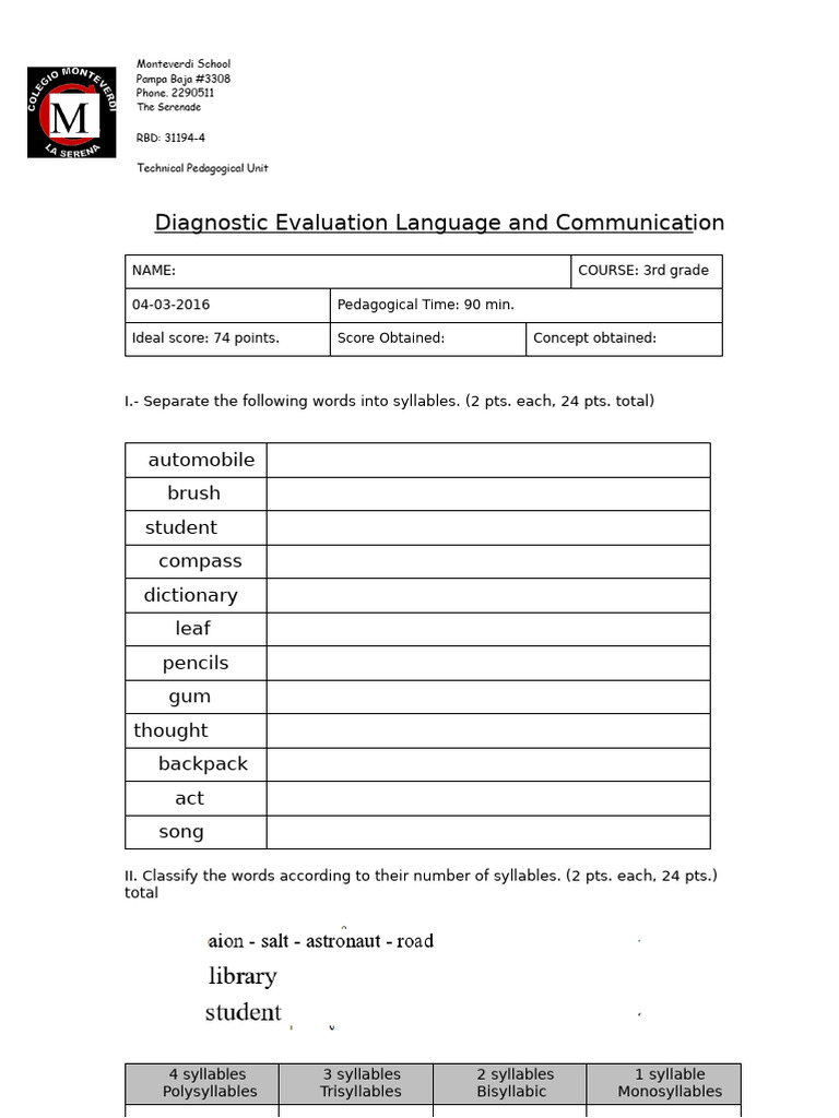 Diagnostic Assessment Language and Communication 3rd Grade | PDF