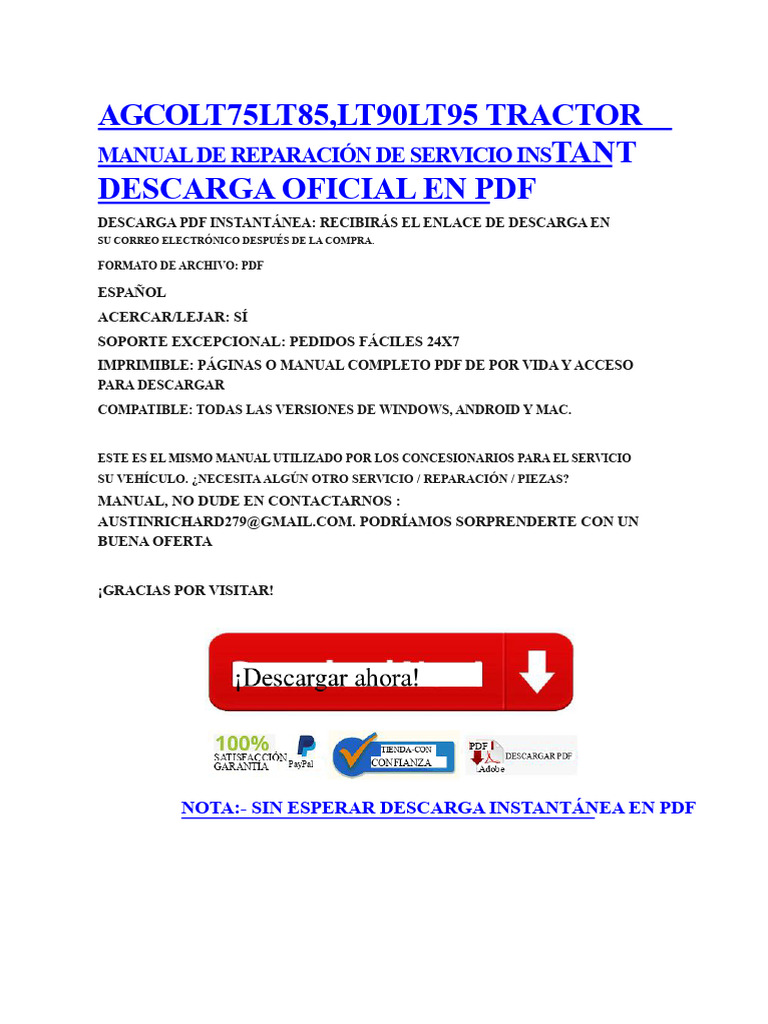 Manual de Servicio y Reparación Del Tractor Agco LT75, LT90, LT75A ...