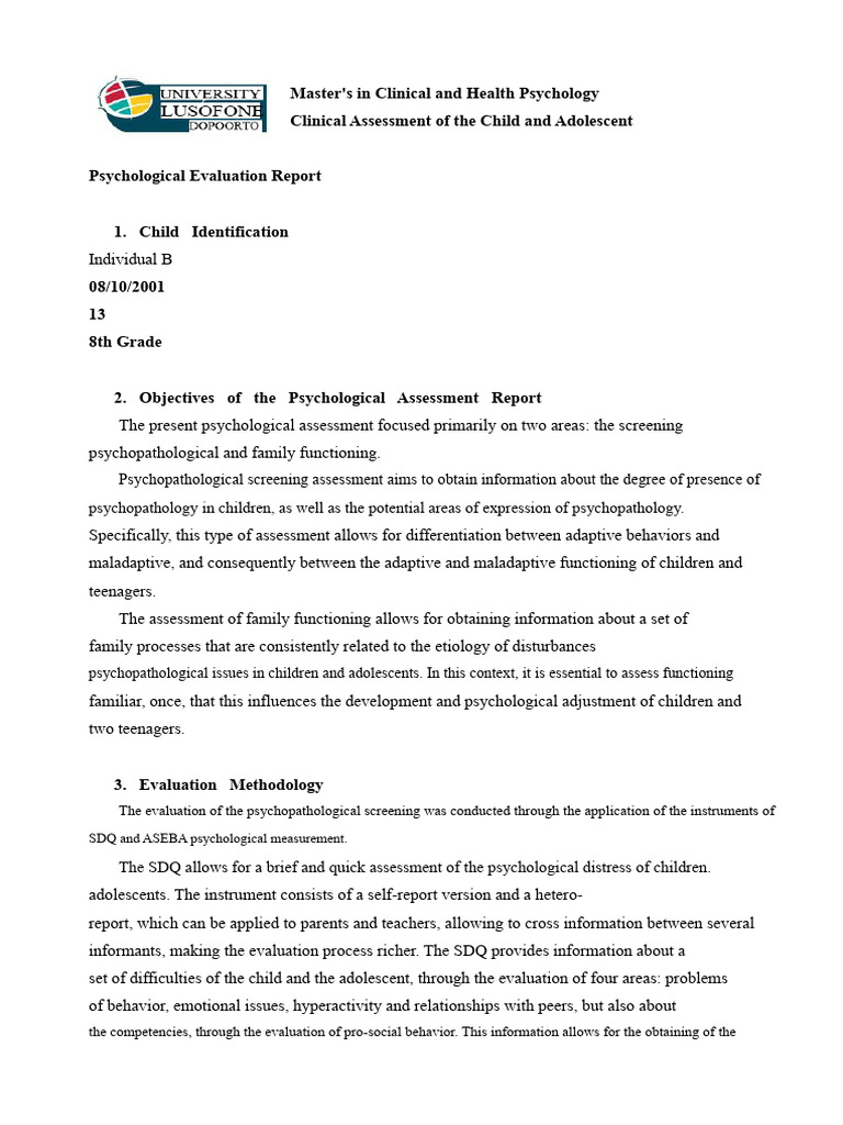 Psychological Evaluation Report | PDF | Adolescence | Psychopathology