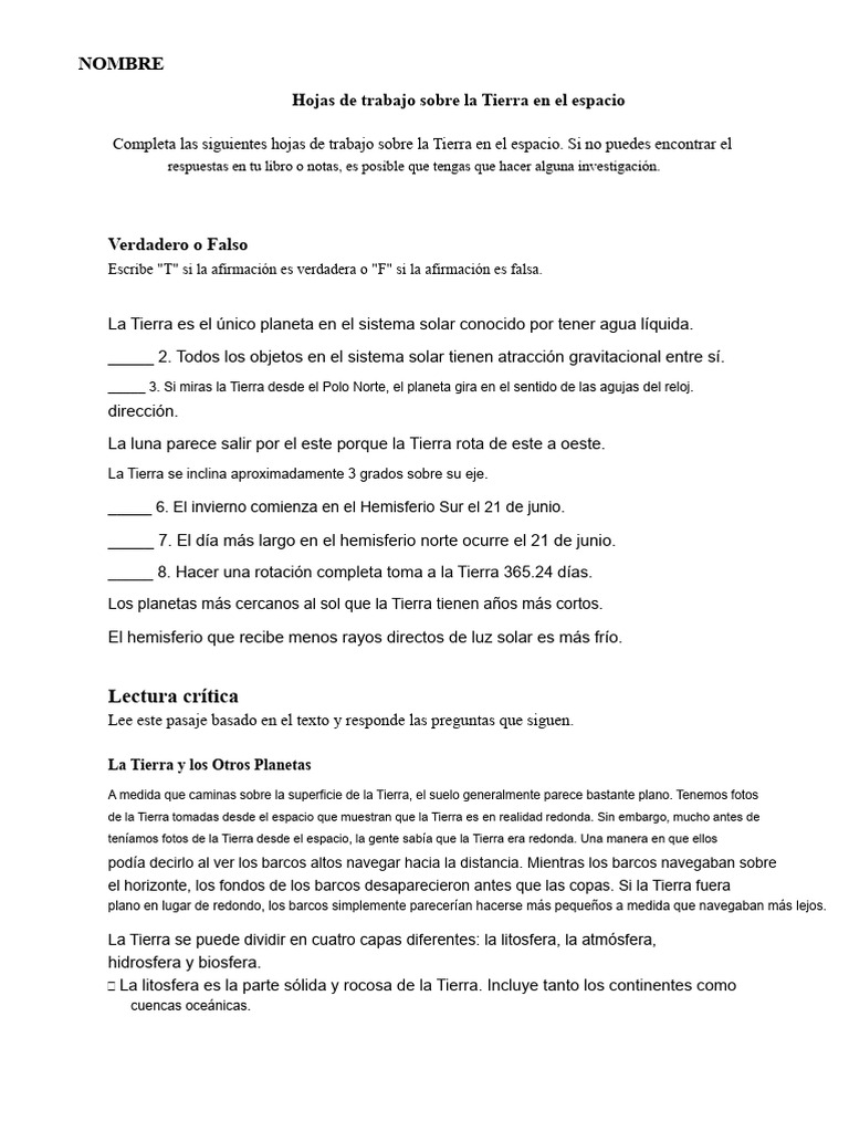 Hojas de trabajo sobre la Tierra y el espacio | PDF | Tierra | Planetas