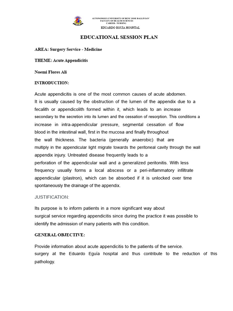 Acute Appendicitis Educational Session Plan | PDF | Medical Specialties ...