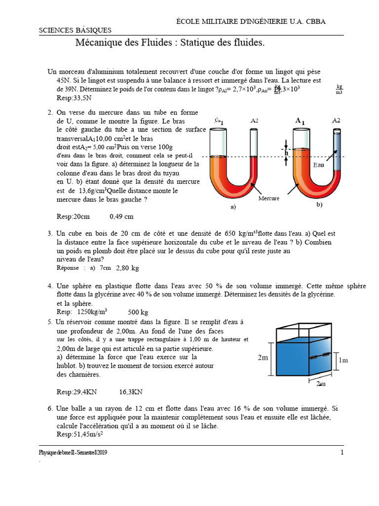 Mécanique des Fluides: Statique des fluides.: de 39N. Déterminez le ...