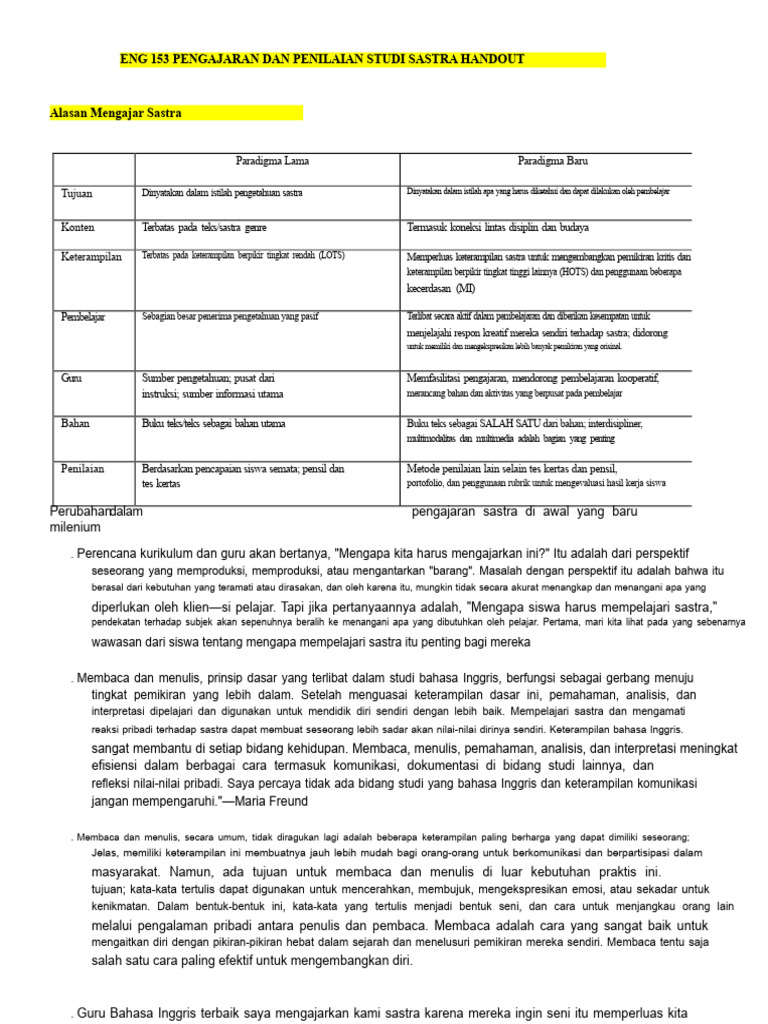 Pengajaran Dan Penilaian Studi Sastra Handout - 2 | PDF