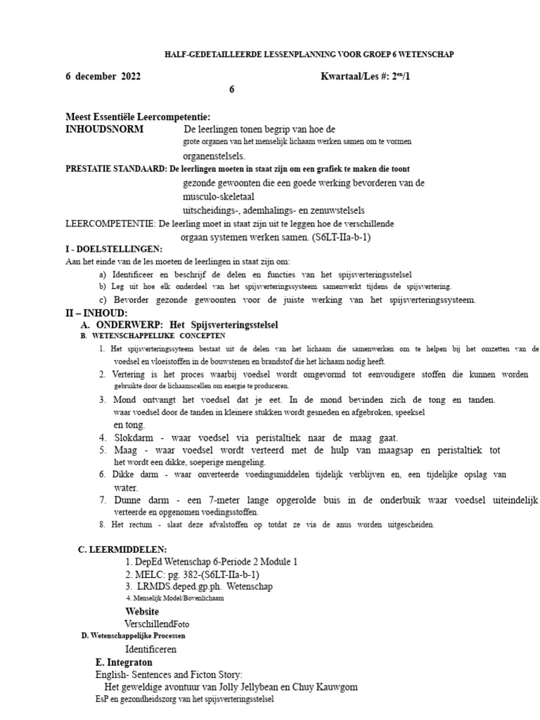 Lesplan Spijsverteringsstelsel | PDF