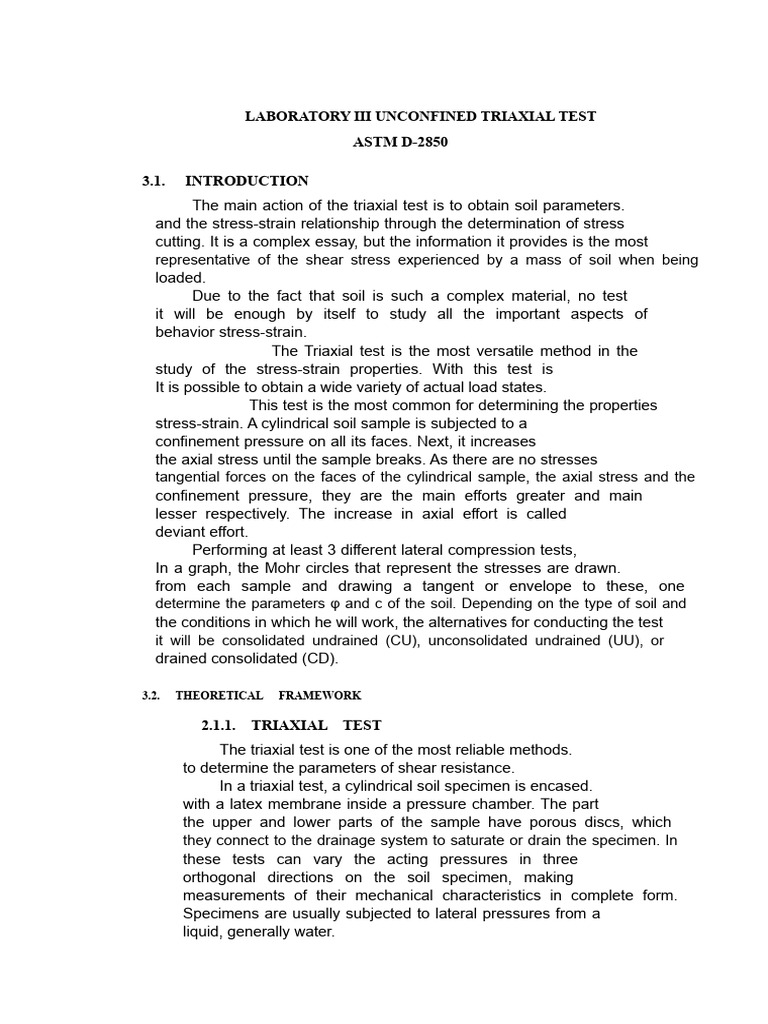 Unconfined Triaxial Test Overview | PDF | Stress (Mechanics ...