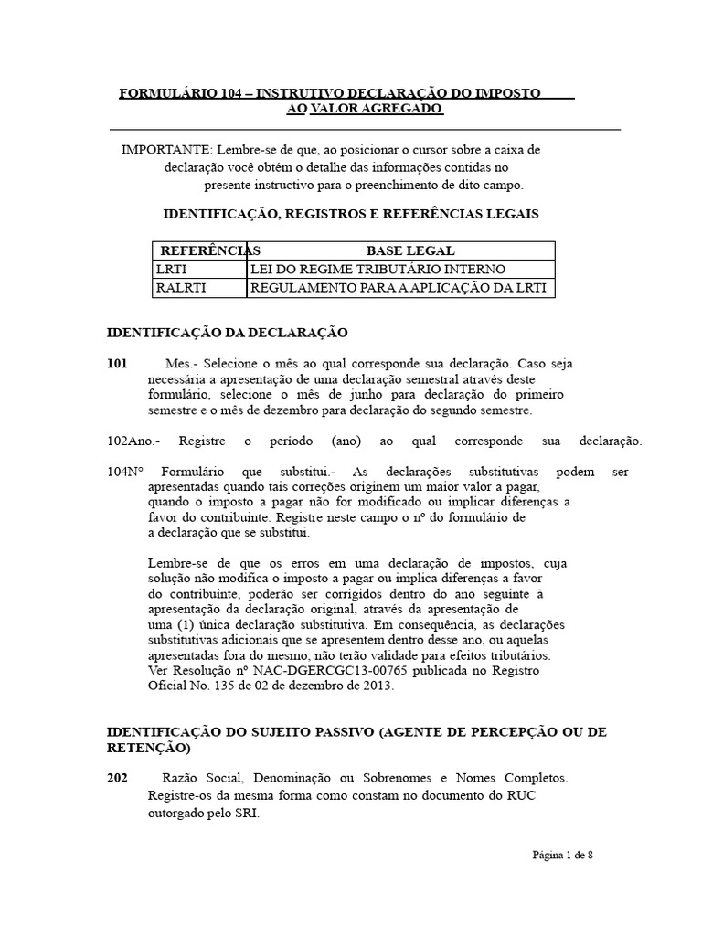 Instruções para o Formulário 104 IVA | PDF | Imposto sobre Valor ...