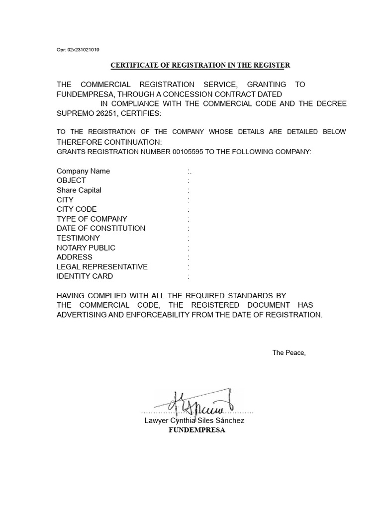 Certificate of Company Registration 00105595 | PDF