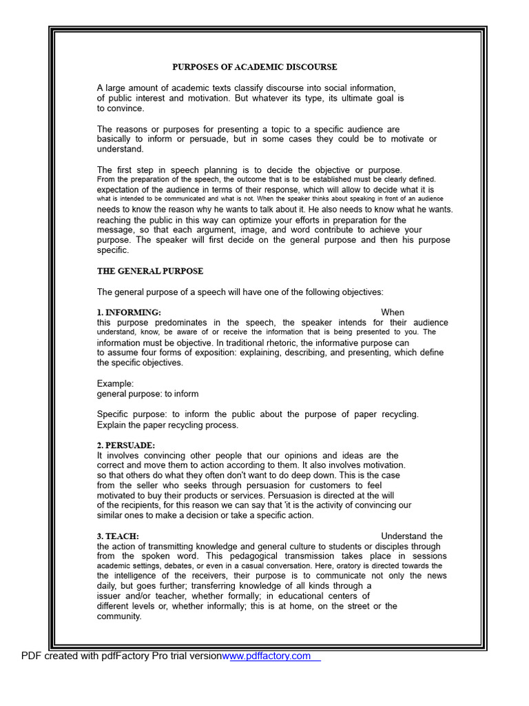 Purposes of Academic Discourse | PDF | Public Speaking | Genre