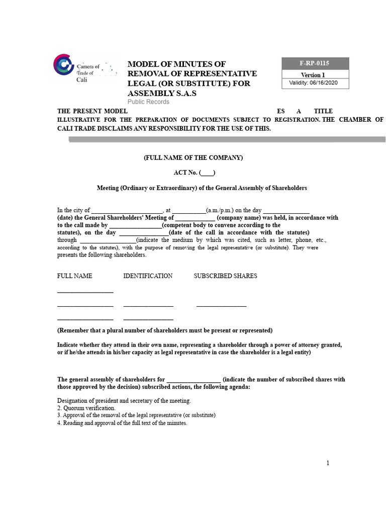 Model of Minutes For The Removal of Legal Representative or Substitute ...