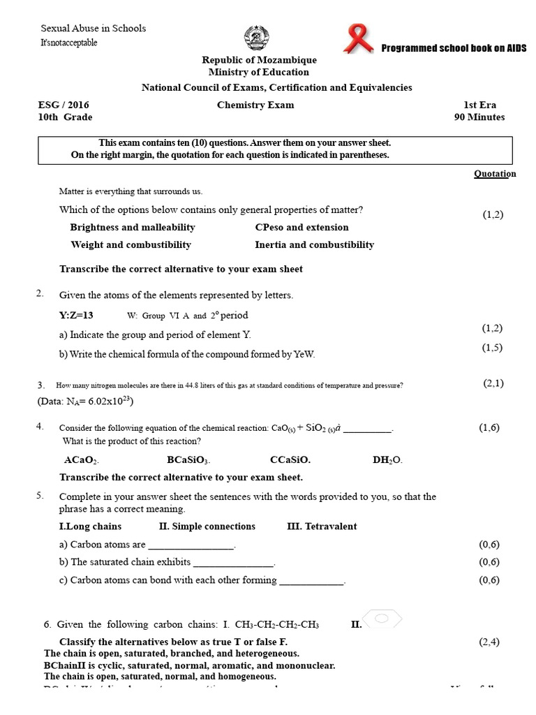 Chemistry Exam 10th Grade 2016 | PDF | Chemical Substances | Chemistry