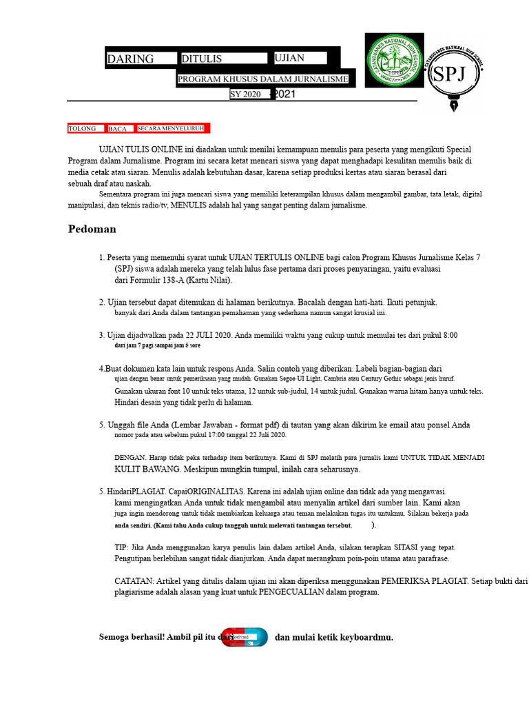 Ujian Tertulis Daring 2020 SPJ | PDF