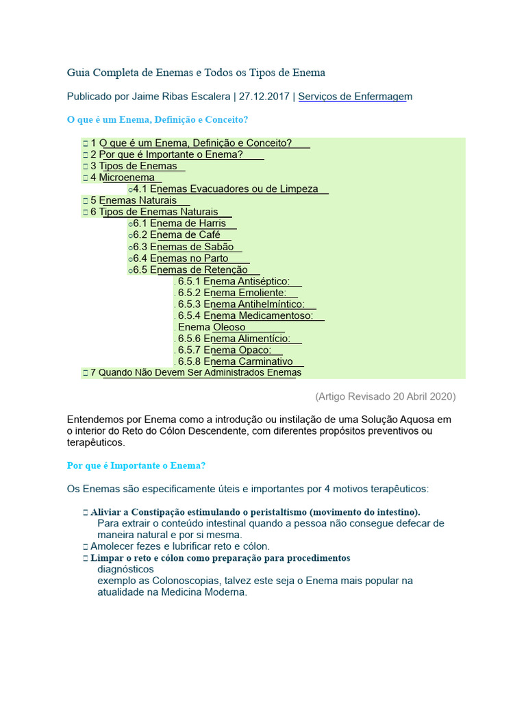 Tipos de Enemas e Suas Aplicações | PDF | Corpo humano | Probiótico