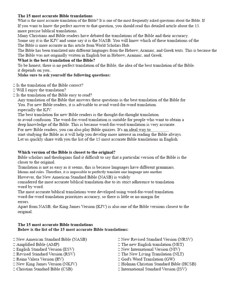 Top 15 Most Accurate Bible Translations | PDF | Bible | New ...