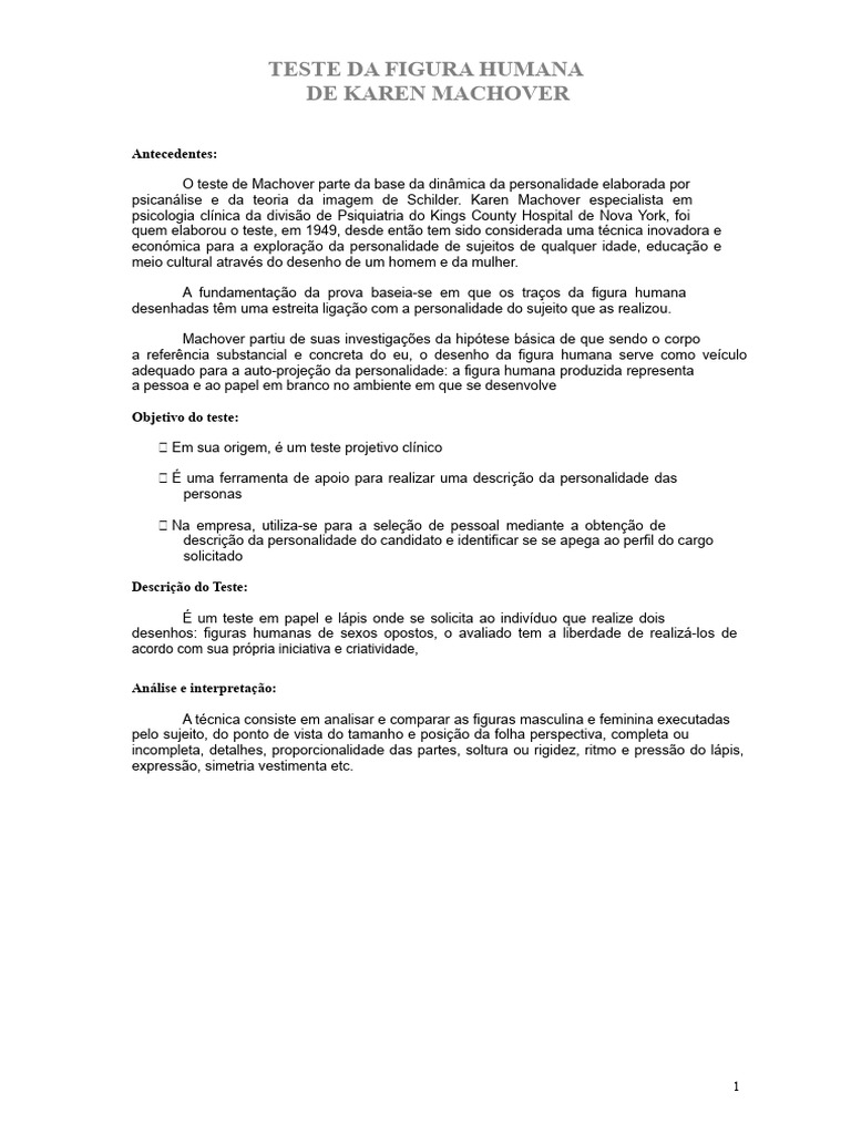 Teste da Figura Humana de Machover | PDF | Desenho | Conceitos psicológicos
