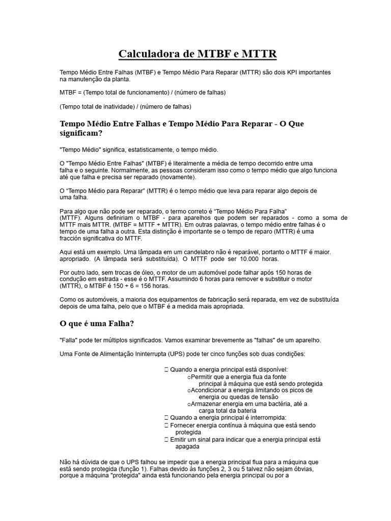 Calculadora de MTBF e MTTR | PDF | Tempo | Mineração