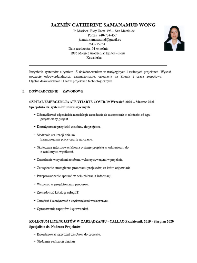 CV - Jazmín Samanamud - Analityk Programista Java | PDF