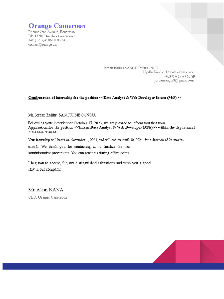 Letter of Internship Confirmation | PDF