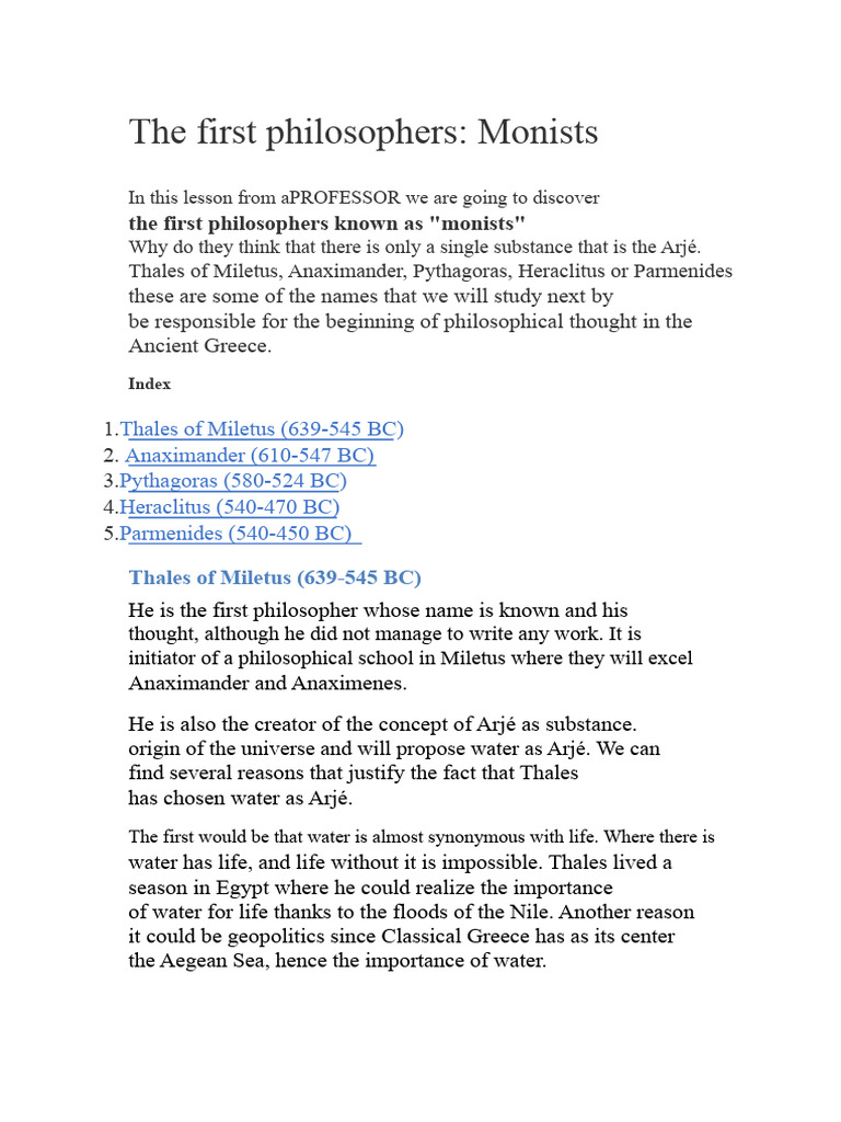 Ancient Greek Monist Philosophers | PDF | Pythagoras | Metaphysics