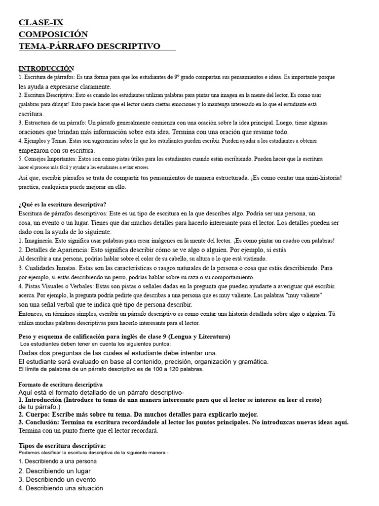 Escritura Descriptiva para 9º Grado | PDF | Puntuación | Comunicación ...