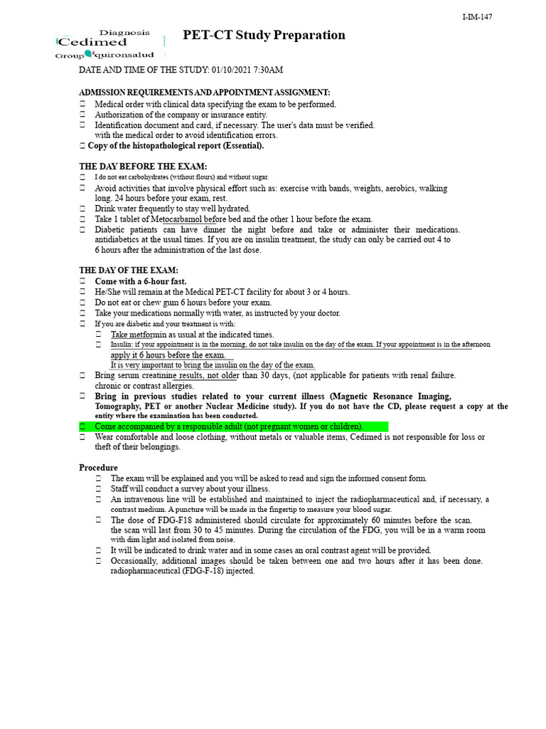 PET Study Preparation 2022 | PDF | Positron Emission Tomography
