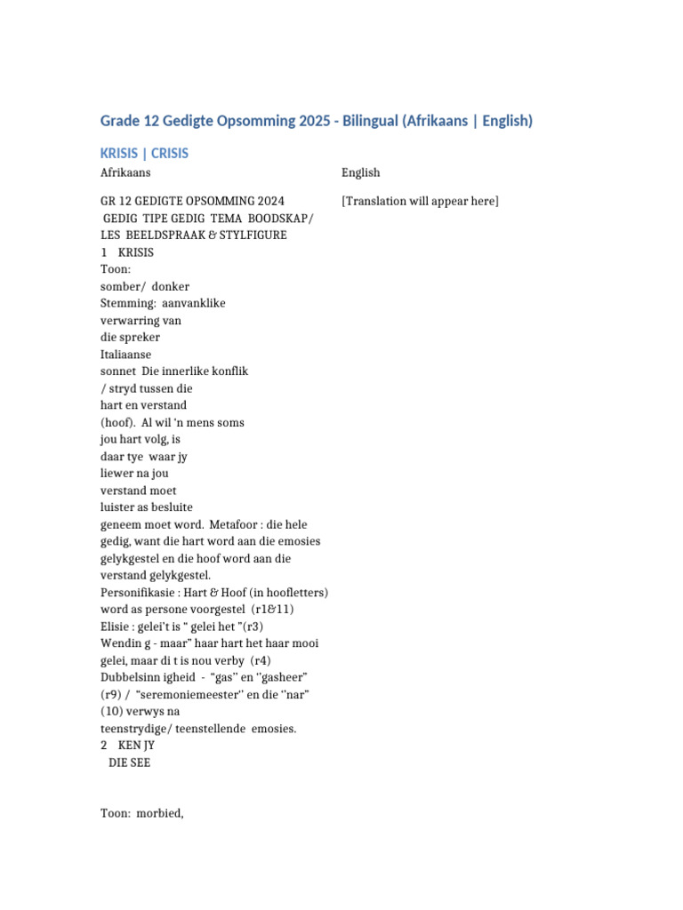 Gedig Opsomming Bilingual FULL | PDF