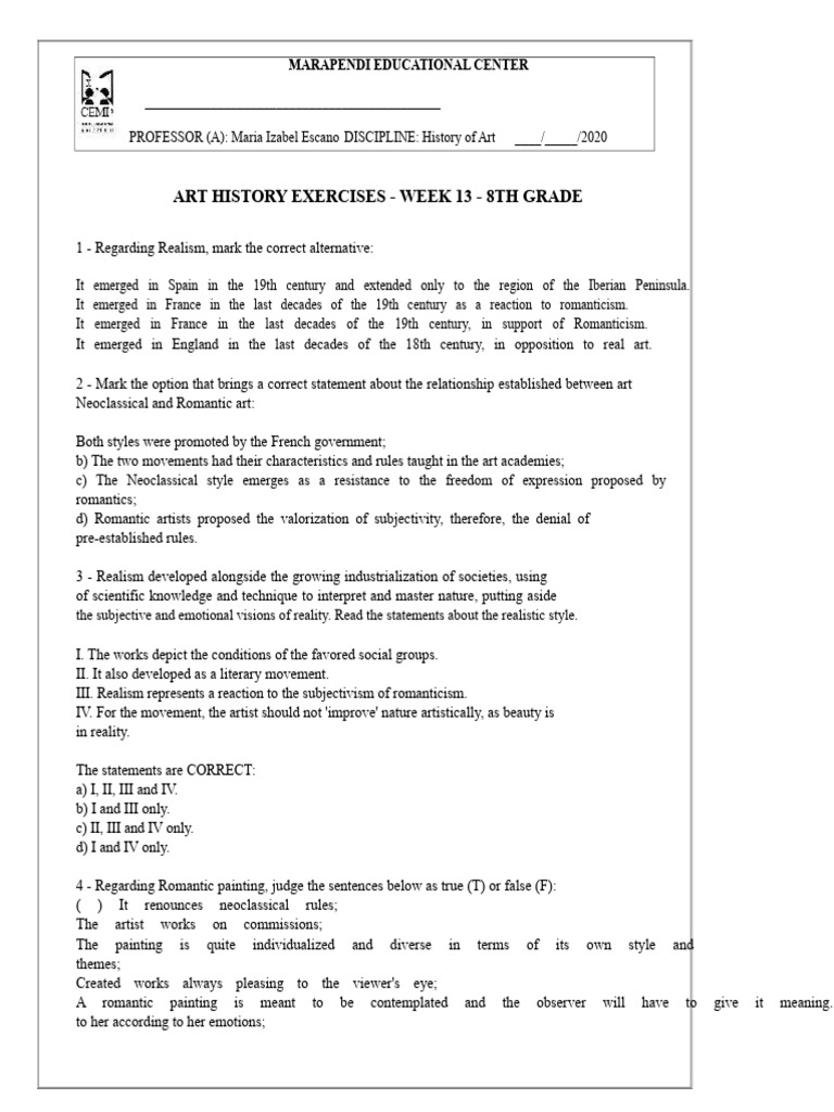 Art History Exercises - Week 13 - 8th Grade | PDF | Romanticism ...