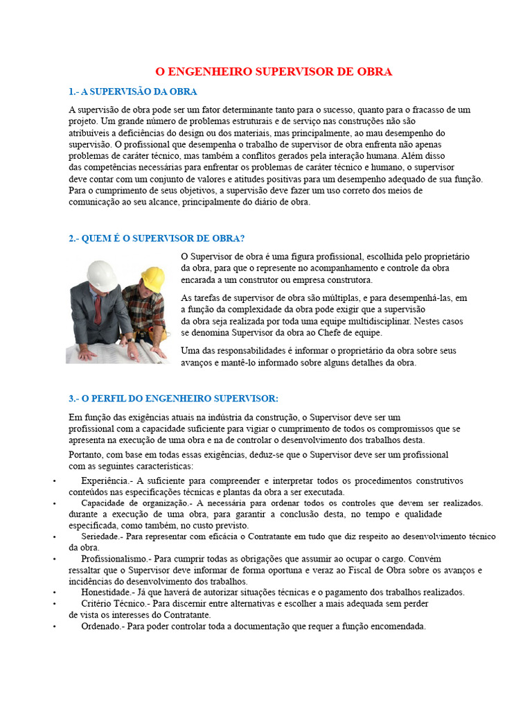 Funções e Perfil do Supervisor de Obra | PDF | Engenheiro