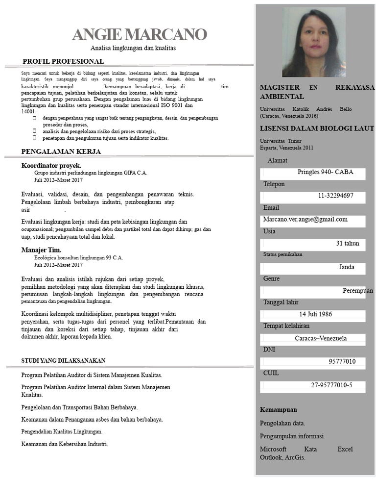 CV ANGIE MARCANO Insinyur Lingkungan | PDF